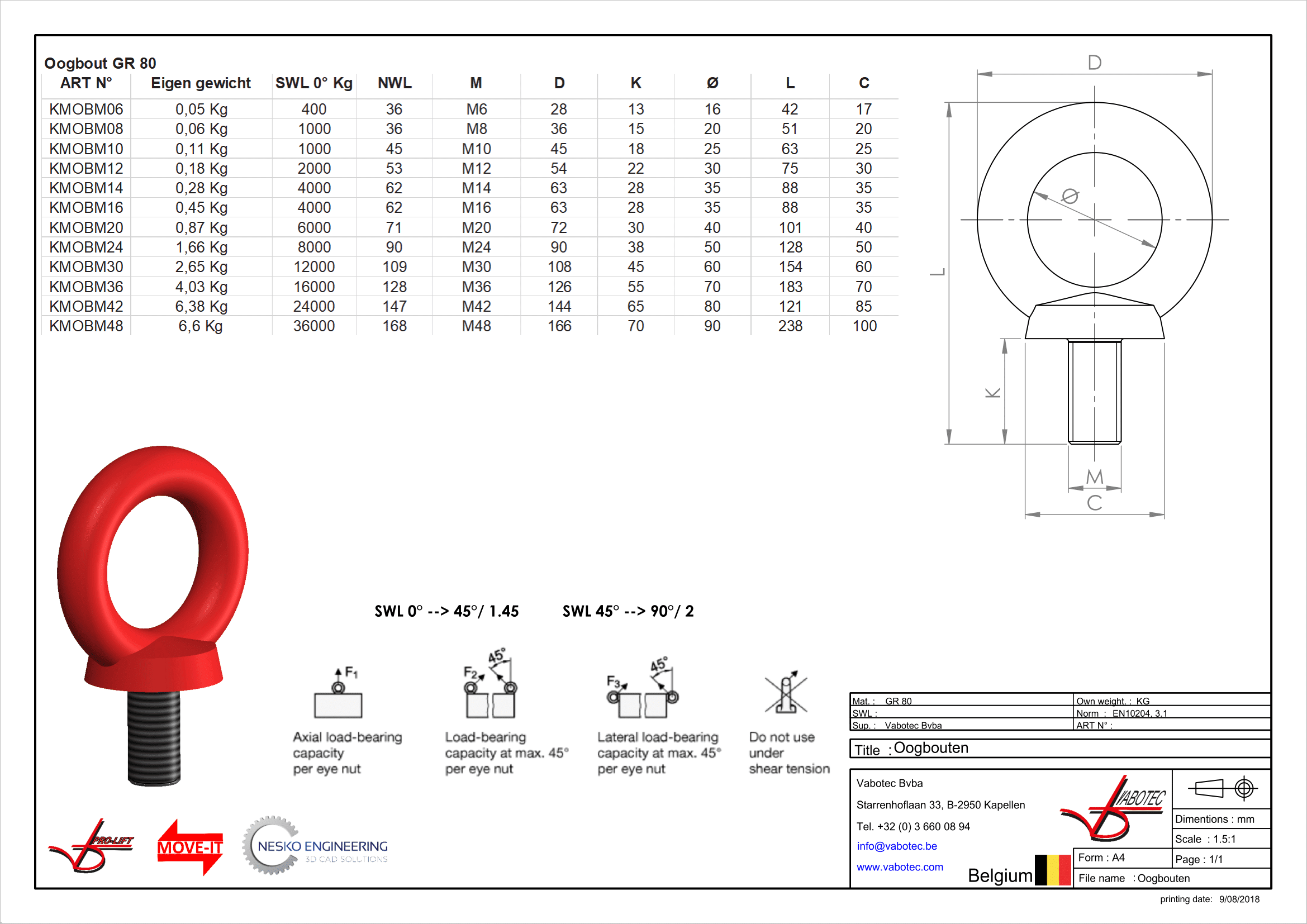 Haken: Oogbout, hijspunt, hijsoog, M24 - Vabotec